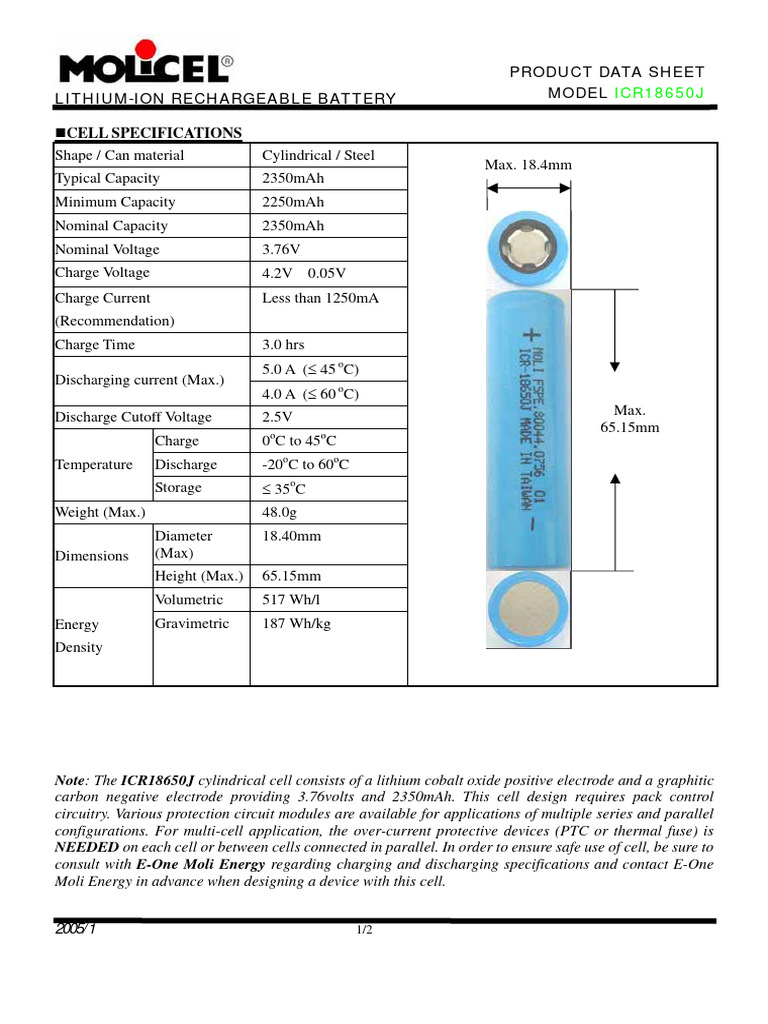 ICR18650J | PDF | Lithium Ion Battery | Rechargeable Battery
