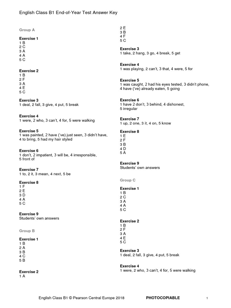 ECB1 End-Of-Year Test Answer Key New 2018 | PDF
