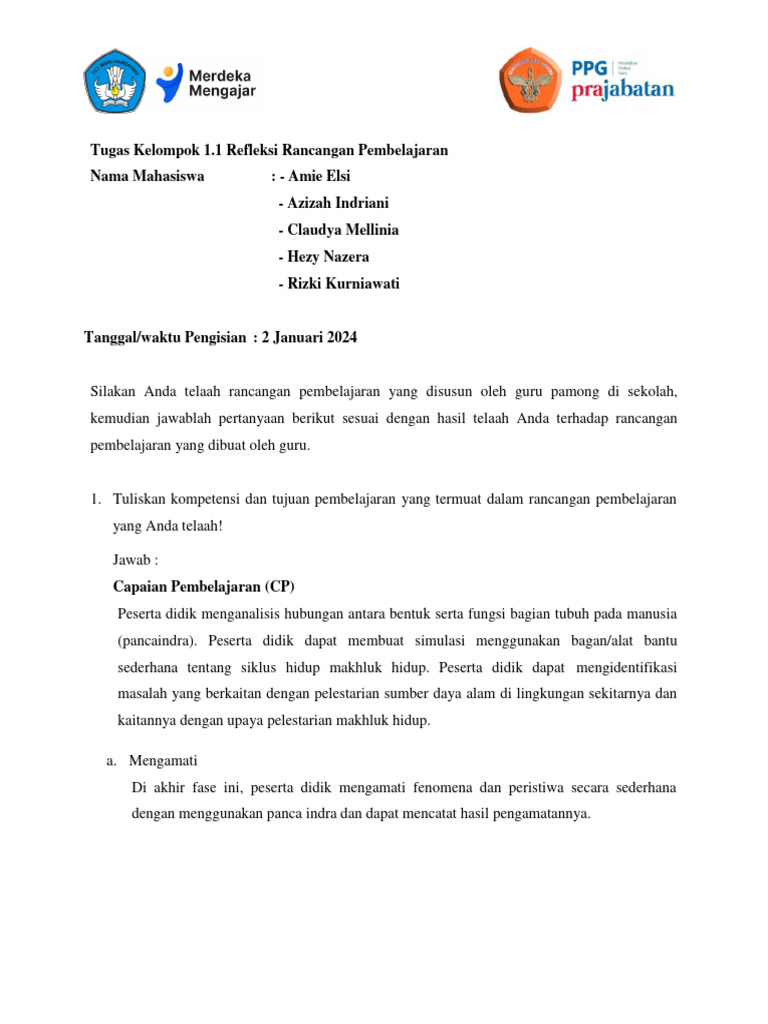 PPA 1 Topik 1 Ruang Kolaborasi - TK 1.1.refleksi Rancangan Pembelajaran | PDF