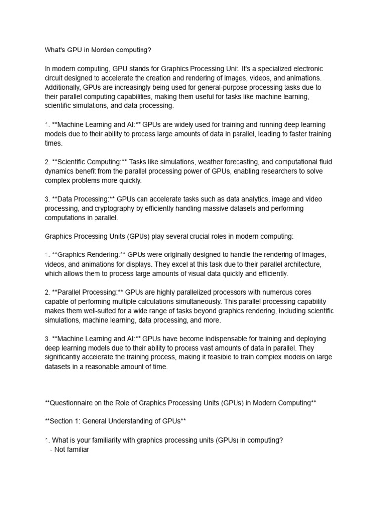 Questionnaire on the Role of Graphics Processing Units (Gpus) in Modern ... Questionnaire on the Role of Graphics Processing Units (Gpus) in Modern ...