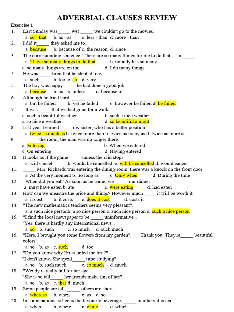 Adverbial Clauses Practice Exercises | PDF