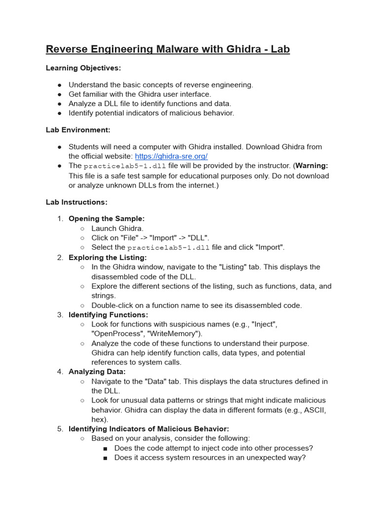 Reverse Engineering Malware With Ghidra - Lab | PDF | Malware | System Software