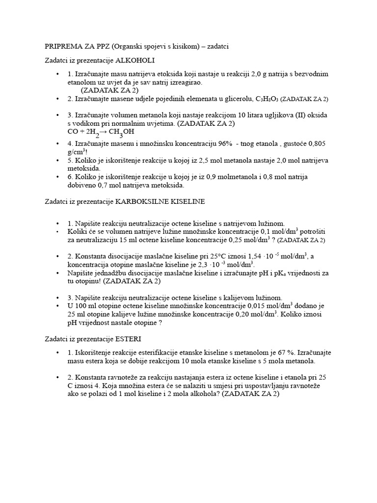 PRIPREMA ZA PPZ (Organski Spojevi S Kisikom) - Zadatci | PDF