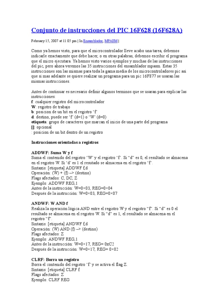Instrucciones del PIC 16F628 en Ensamblador | PDF | Microcontrolador | Lenguaje ensamblador