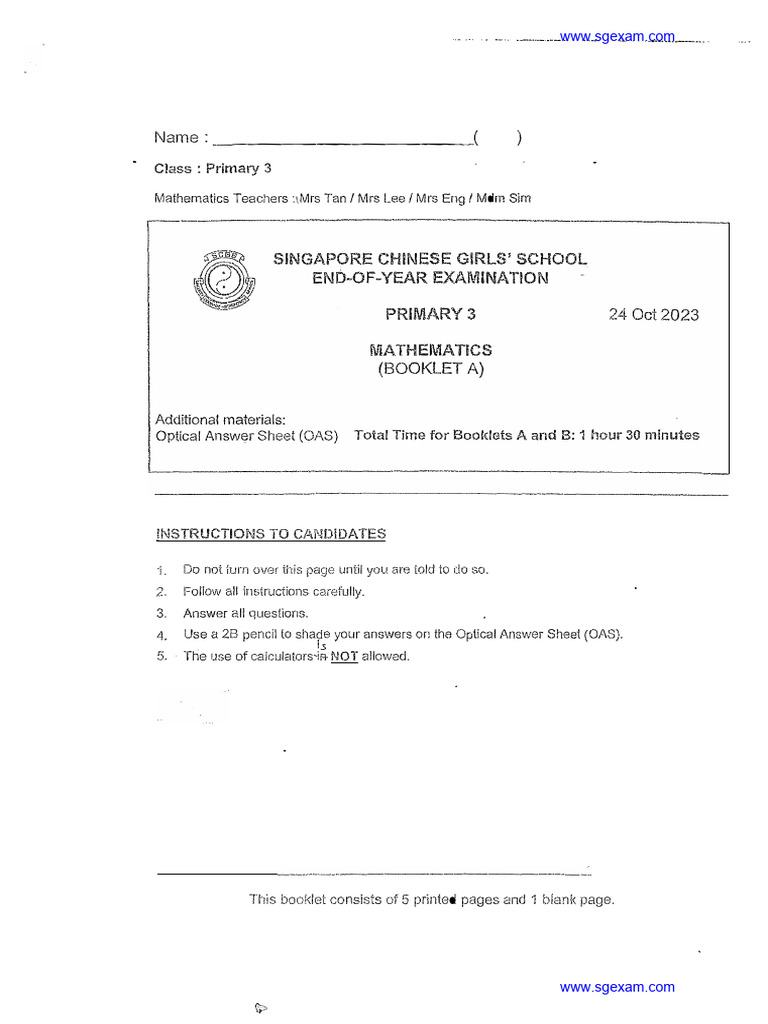 2023-P3-Maths-End of Year Exam-SCGS 3 | PDF | Teaching Methods & Materials
