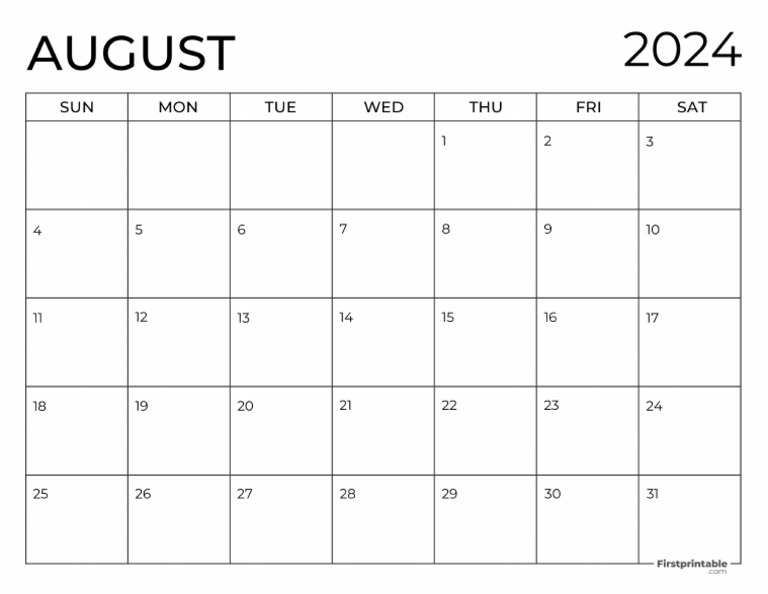 August Calendar 2024 Blank Landscape | PDF