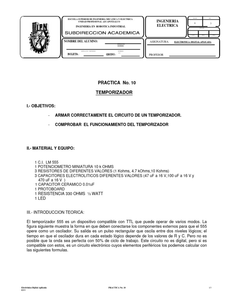Practica 10 Temporizador 2024 Vale | PDF | Electrónica | Red eléctrica