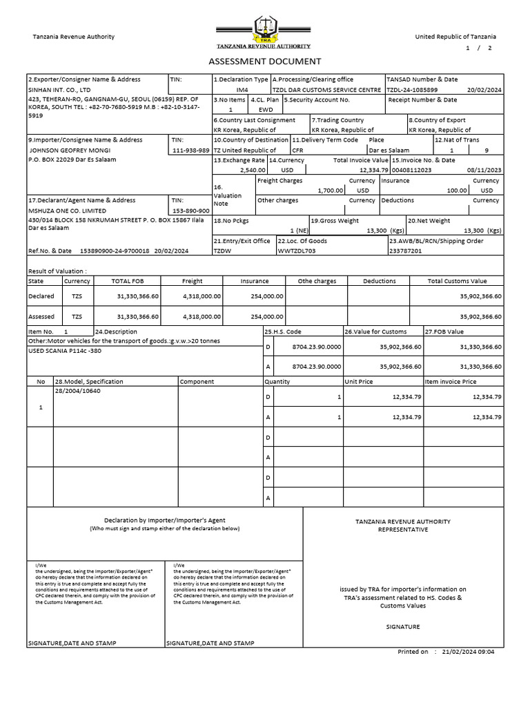 Assessment Document TZDL 24 1085899 | PDF | Customs | Taxes