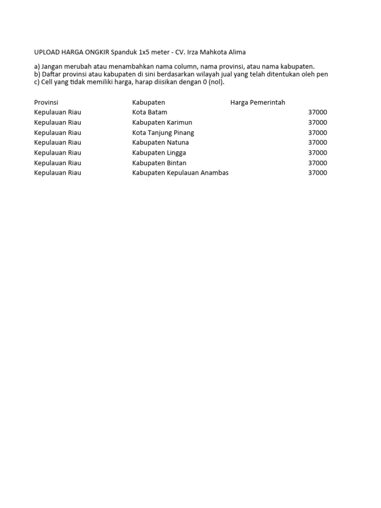 Template Harga Produk Spanduk 1x5 Meter - CV. Irza Mahkota Alima | PDF