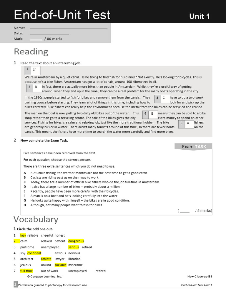 b1 End-Of-Unit Test Unit 1 | PDF