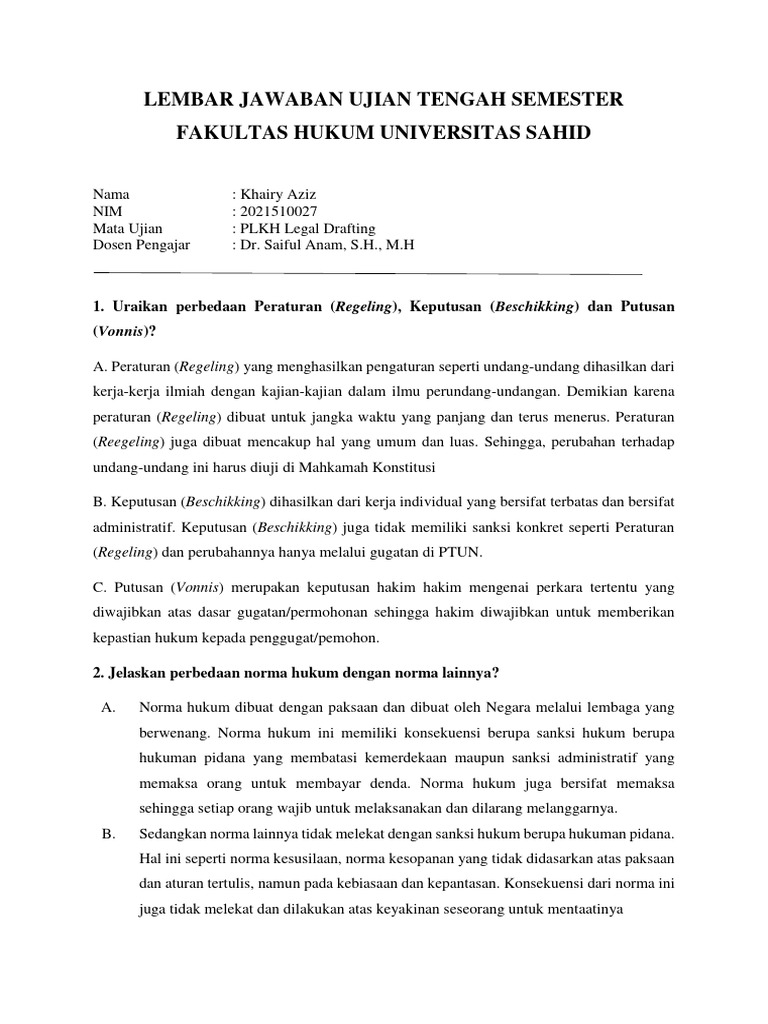 LEMBAR JAWABAN UTS PLKH Legal Drafting | PDF