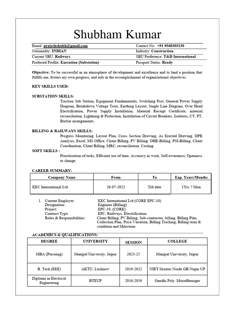 Shubham Kumar CV 2024 | PDF | Electrical Substation | Power Supply