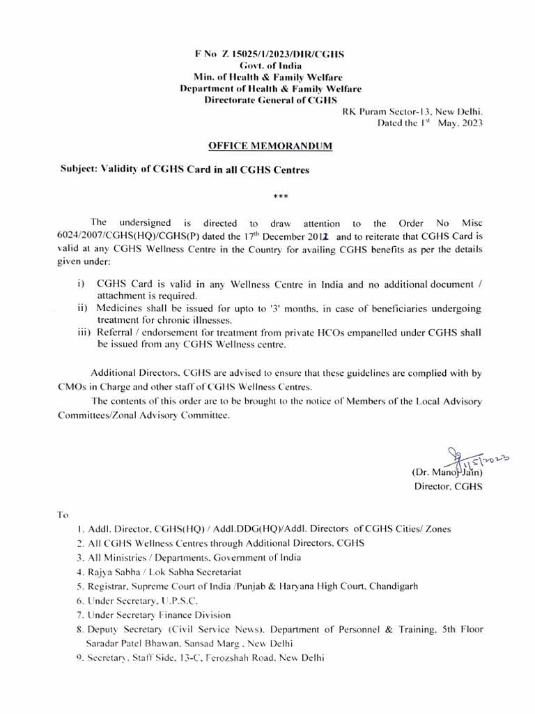 Office Memorandum Regarding Validity of CGHS Centres (1 May 2023) | PDF ...