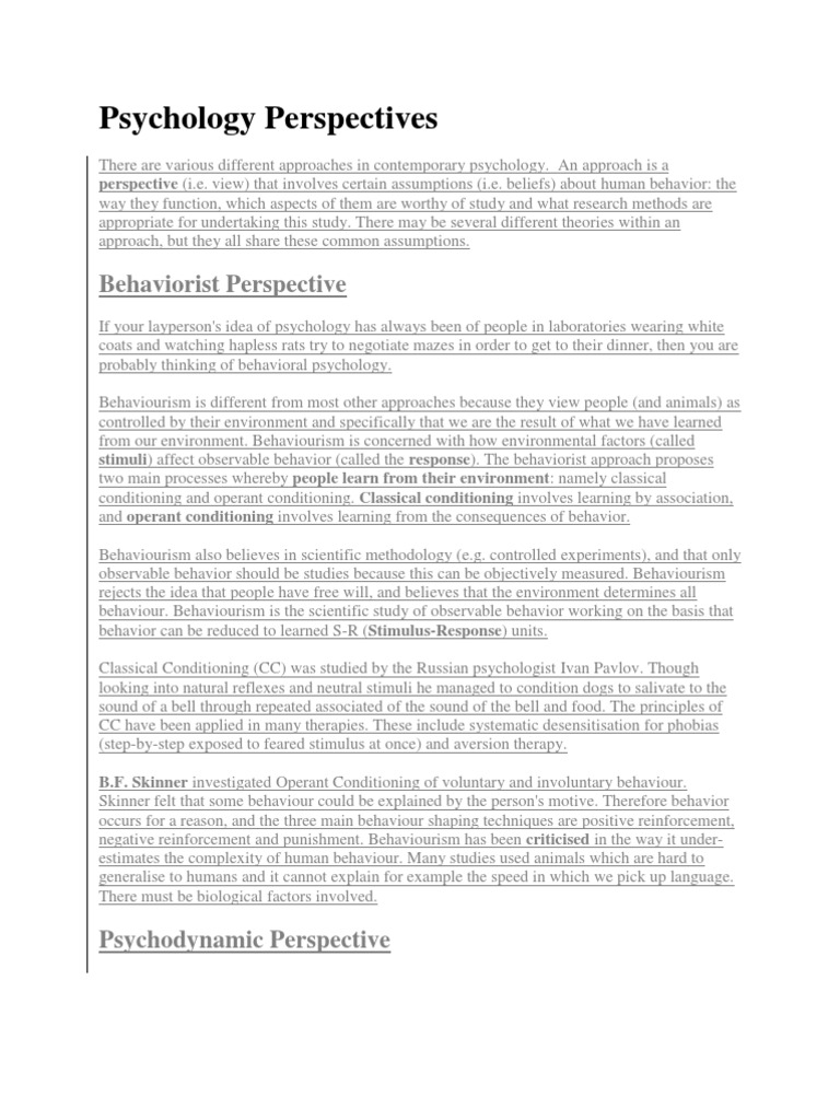 Psychology Perspectives | PDF | Behaviorism | Classical Conditioning