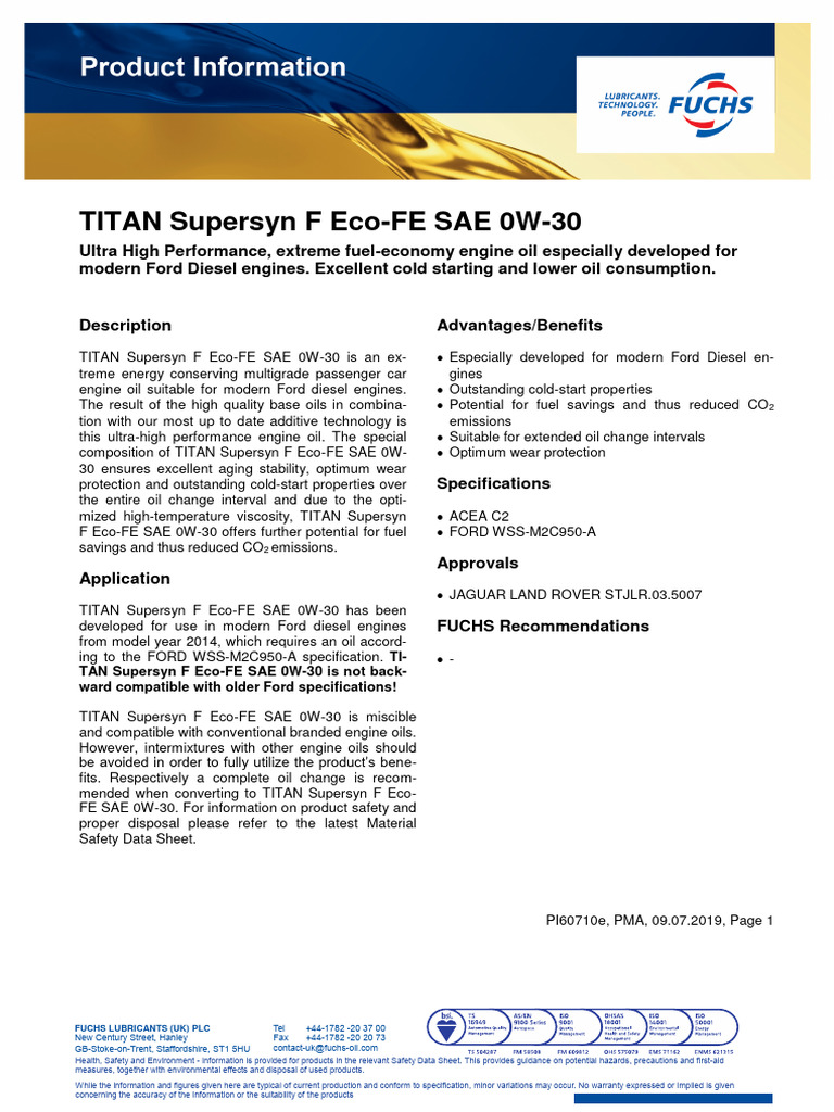 Titan Supersyn F Eco Fe 0W 30 | PDF | Motor Oil