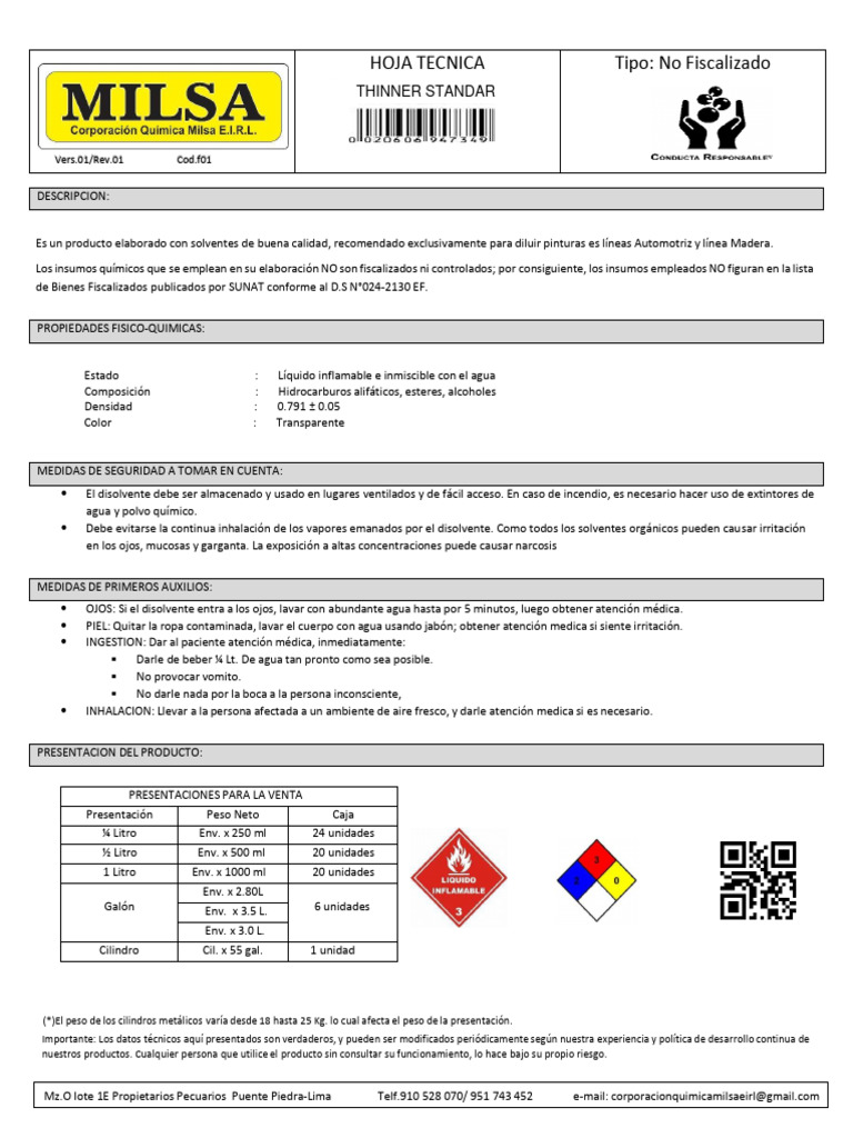 Hoja Tecnica Thinner Standar Milsa | Descargar gratis PDF | Agua | Solvente