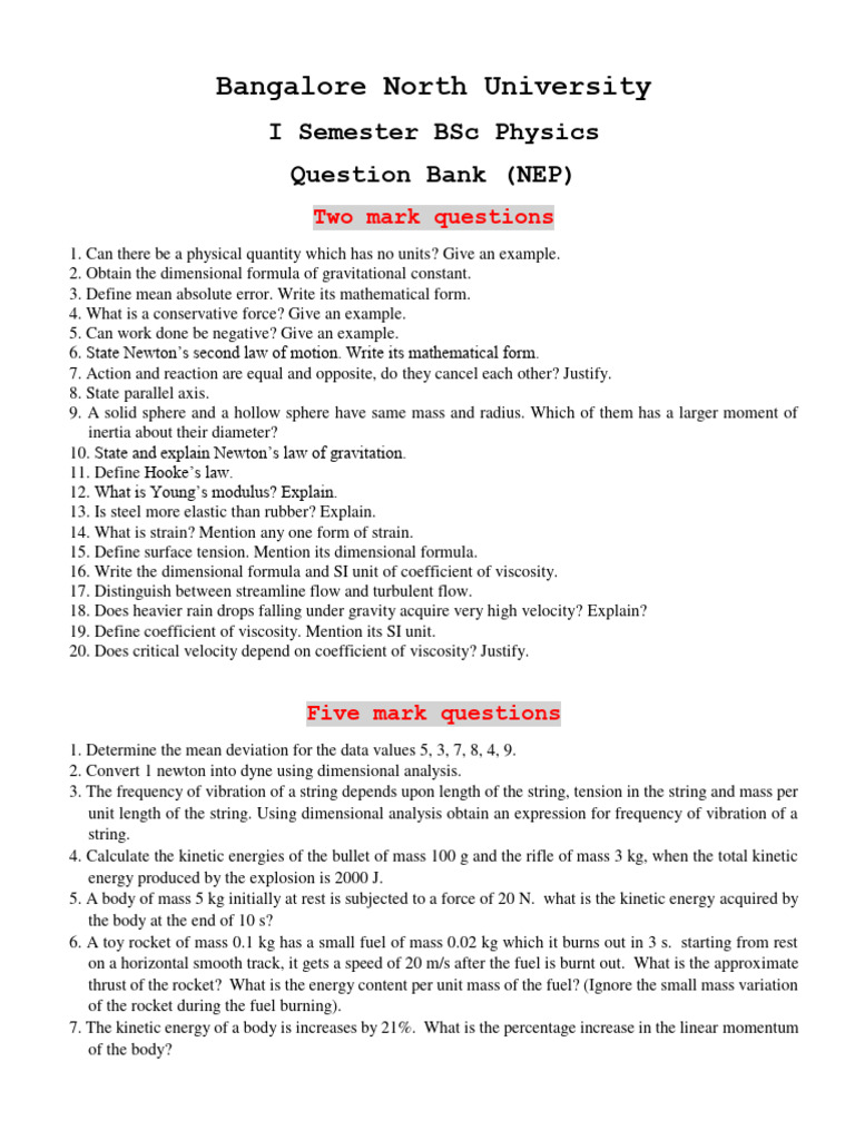 Physics - Sem-1.Question Bank - Revised | PDF | Force | Newton's Laws Of Motion