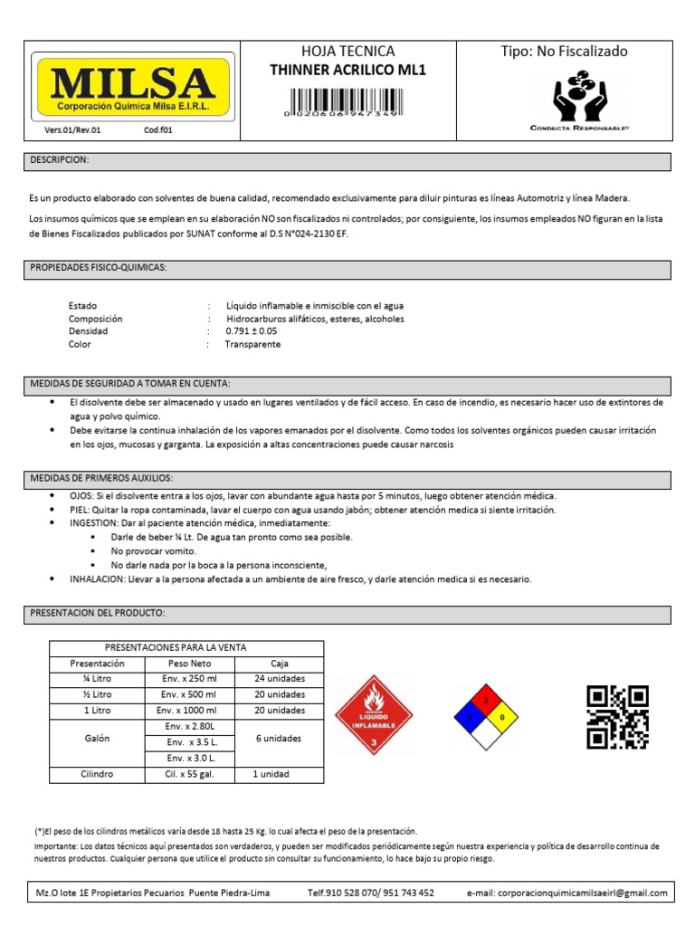 Thinner Acrílico ML1: Seguridad y Usos | PDF | Agua | Solvente