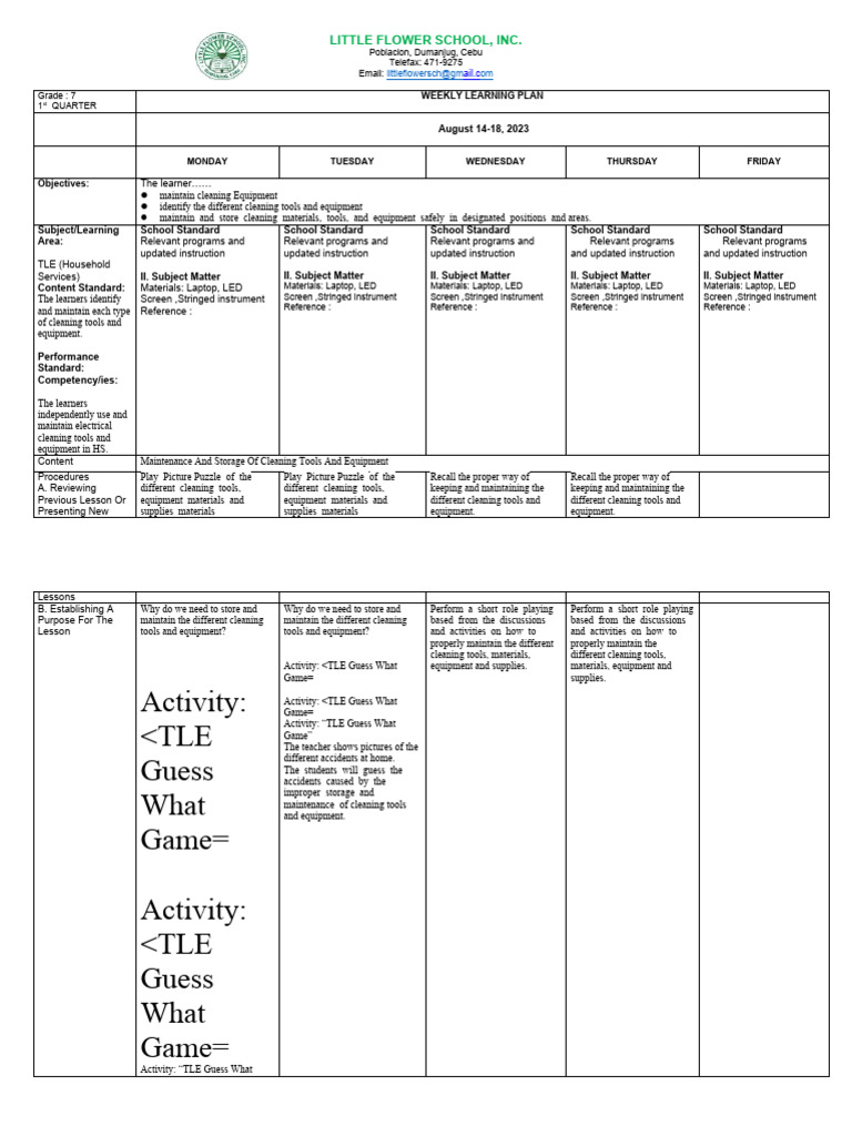 Grade 7 Weekly Learning Plan: TLE Tools | PDF | Learning | Cognition