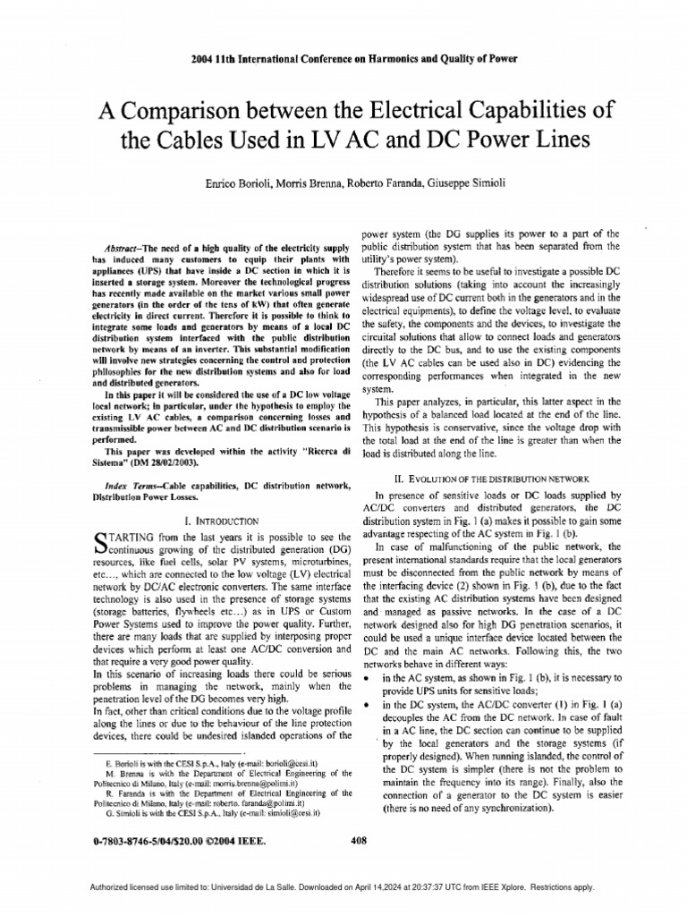 Comparison Between the Electrical Capabilities of the Cables Used in LV AC and DC Power Lines ...