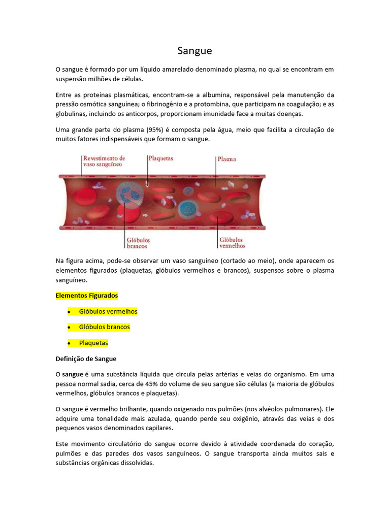 Composição Do Sangue Explicação | PDF | Sangue | Hemácia