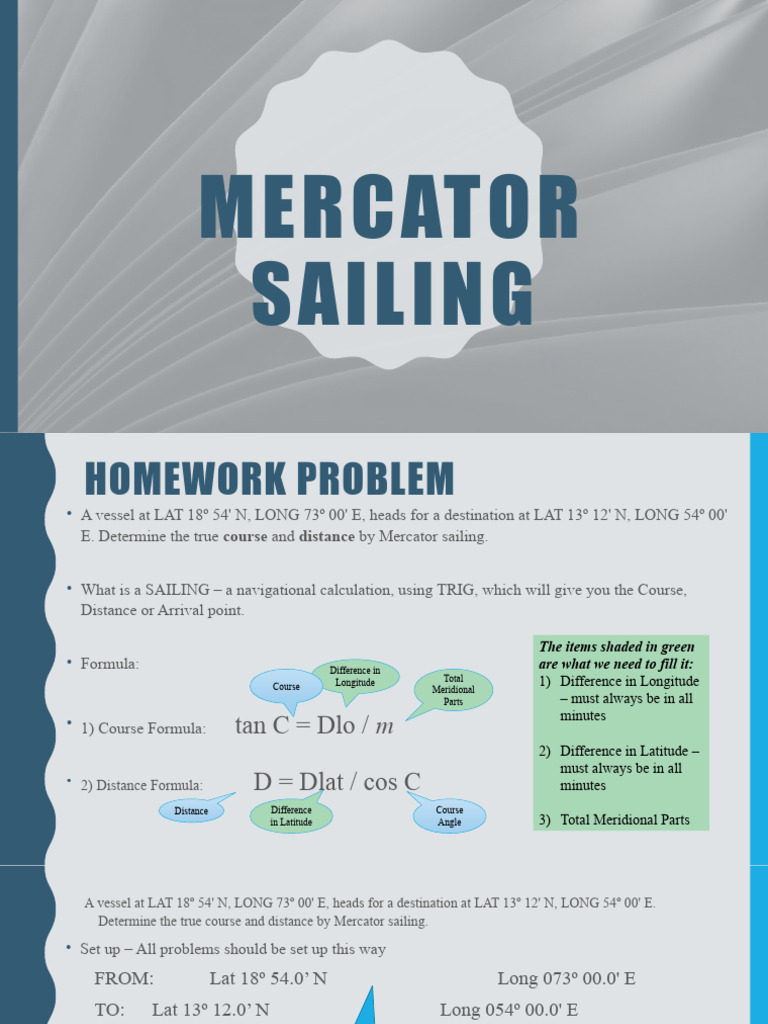 Mercator Sailing Course & Distance Calculation | PDF | Latitude | Longitude