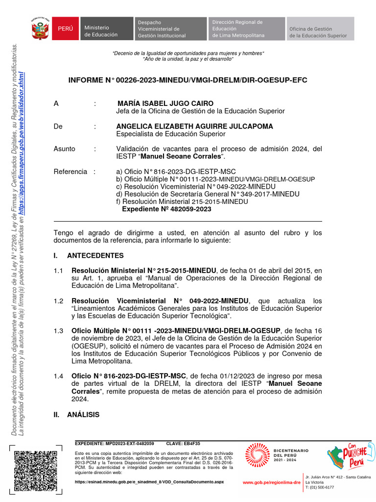 Informe 00226 2023 Minedu Vmgi Drelm Dir Ogesup Efc | PDF | Educación ...