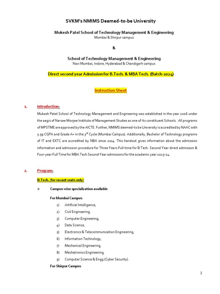 Direct Second Year B.Tech & MBA Tech Admissions | PDF | University And ...
