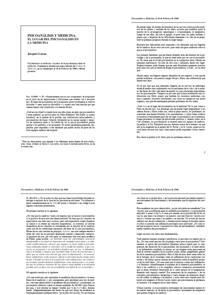 H - U1 - Psa y Medicina - Lacan | Descargar gratis PDF | Psicoanálisis | Mente inconsciente