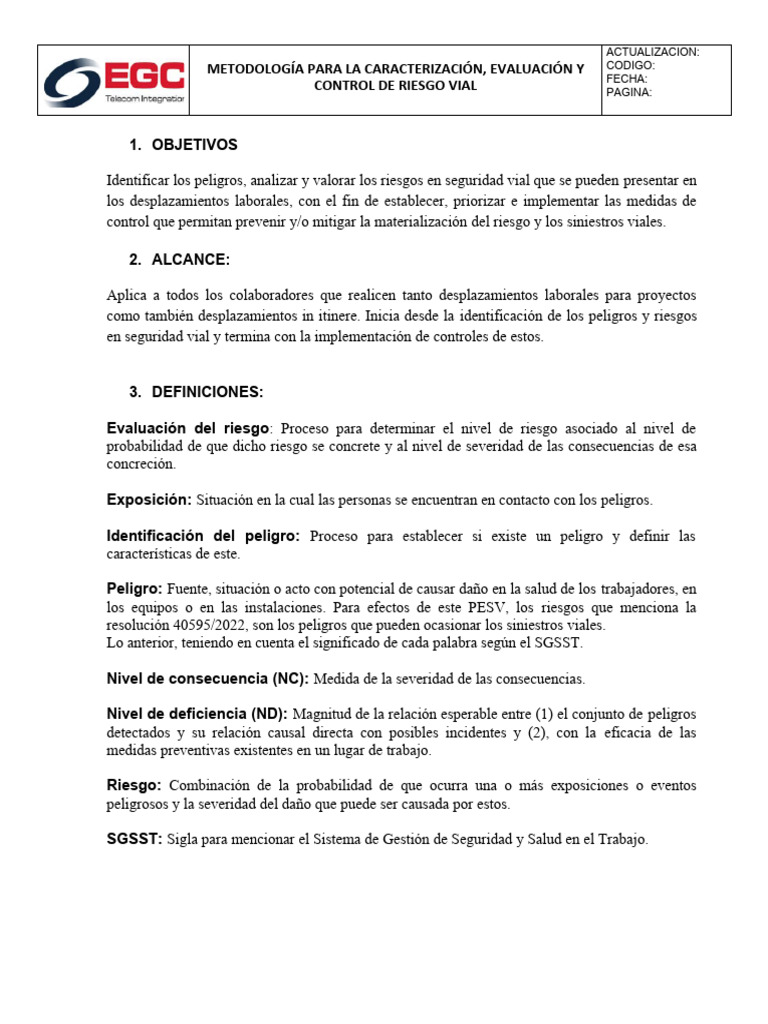 Metodología Identificación de Peligros Viales EGC | PDF | Riesgo | Evaluación