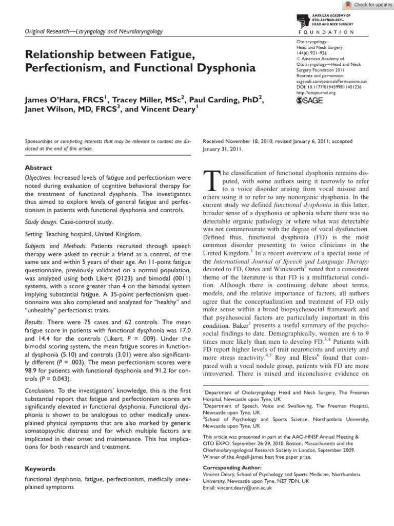 Otolaryngol - Head Neck Surg - 2011 - O'Hara - Relationship Between Fatigue Perfectionism and ...