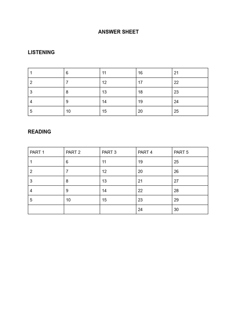 Listening and Reading Answer Sheet | PDF