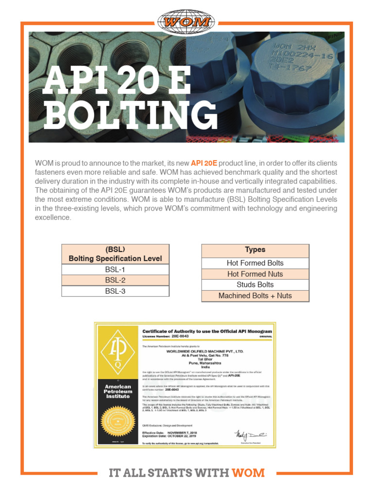 WOM's New API 20E Bolting Solutions | PDF | Screw | Nut (Hardware)