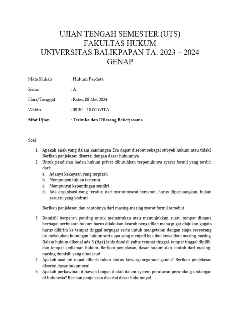 UTS Hukum Perdata TA. 2023-2024 Genap | PDF
