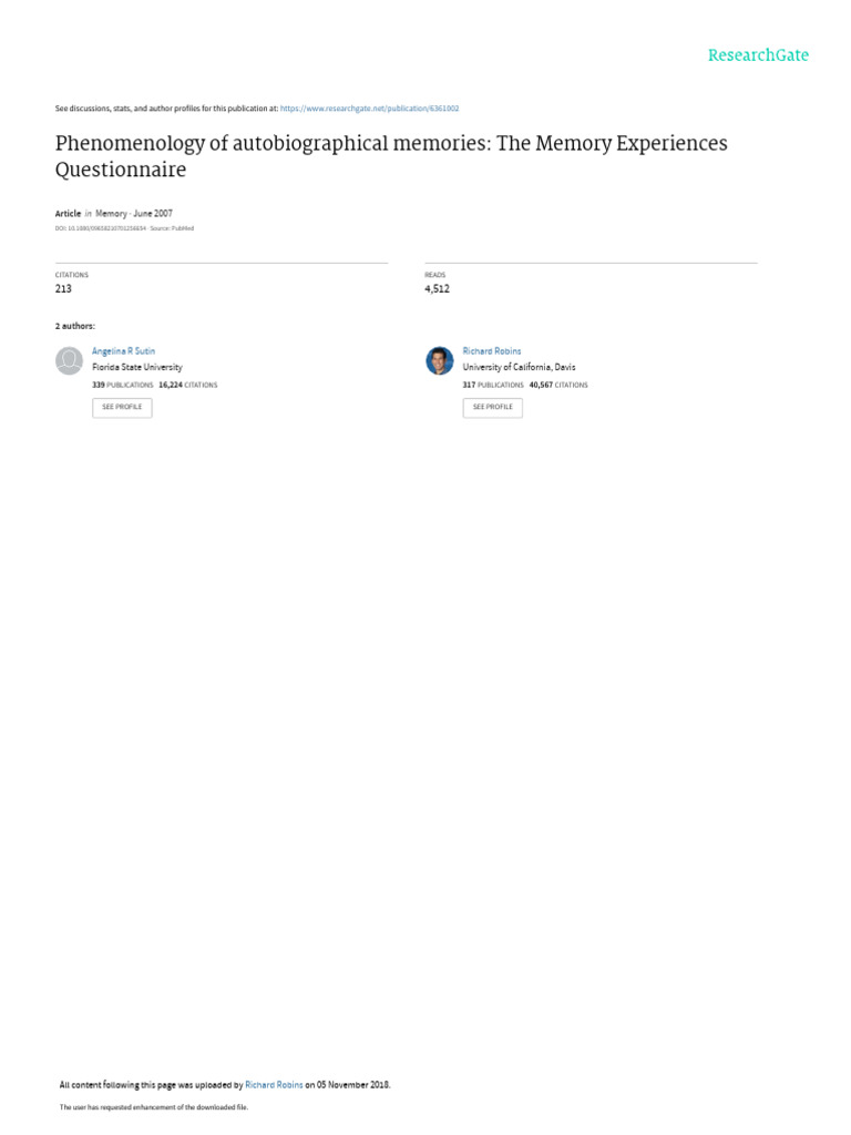Phenomenology of Autobiographical Memories: The Memory Experiences Questionnaire | PDF ...