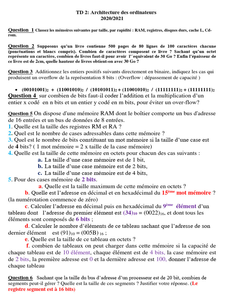 TD2 Architecture Des Ordinateurs | PDF | Données informatiques | Informatique