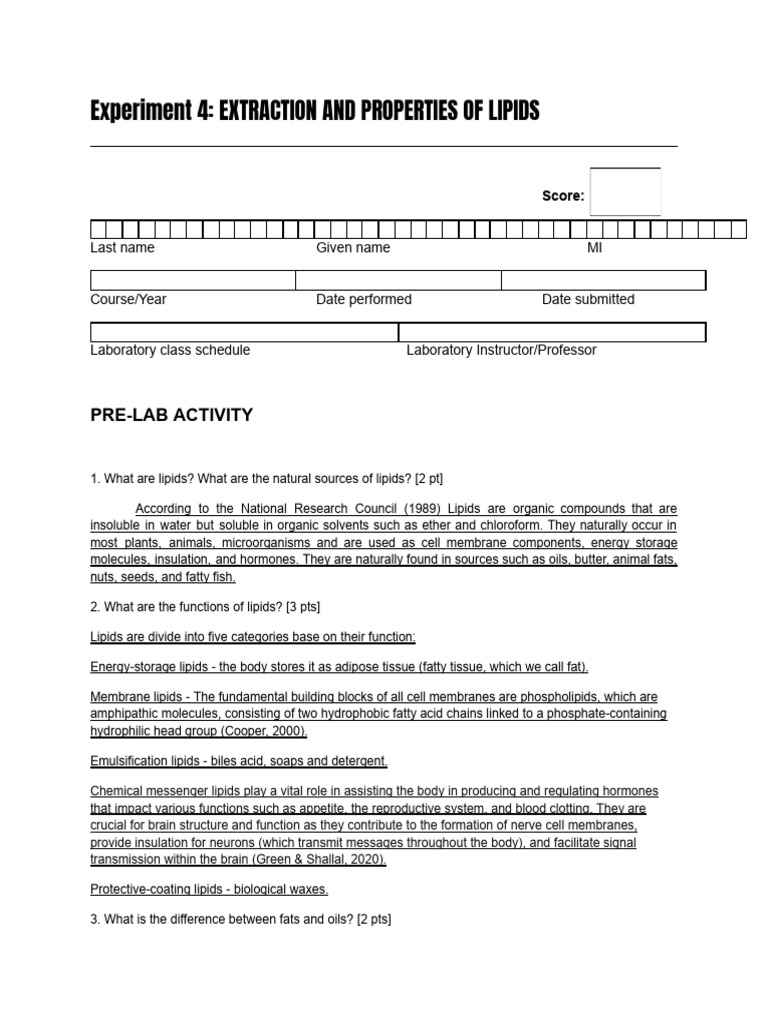 Experiment 4 Lipids PreLab | PDF | Triglyceride | Lipid