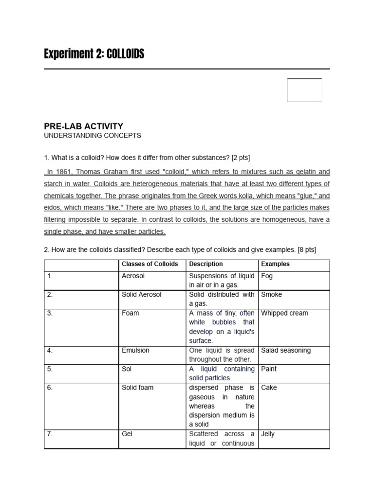Pre Lab Experiment 2 Colloids | PDF | Colloid | Osmosis Pre Lab Experiment 2 Colloids | PDF | Colloid | Osmosis