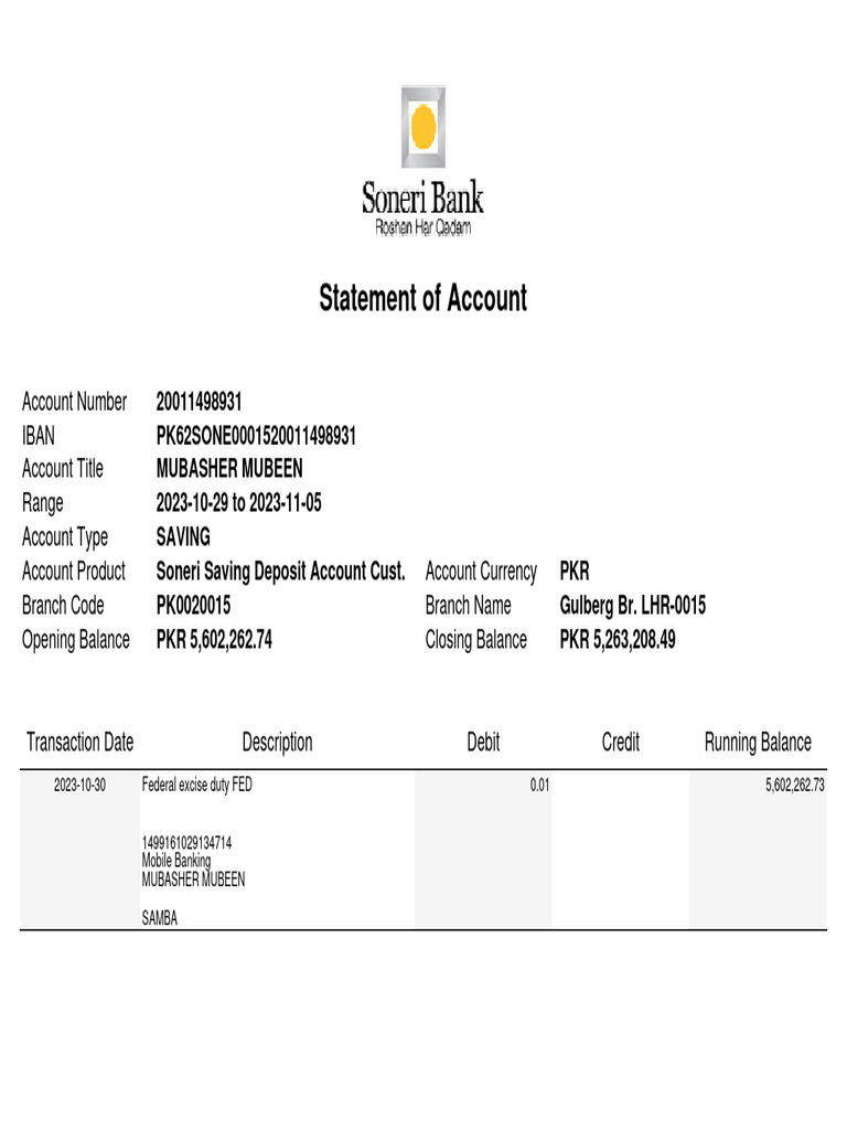 Soneri Savings Account Statement 2023 | PDF | Banks | Debit Card