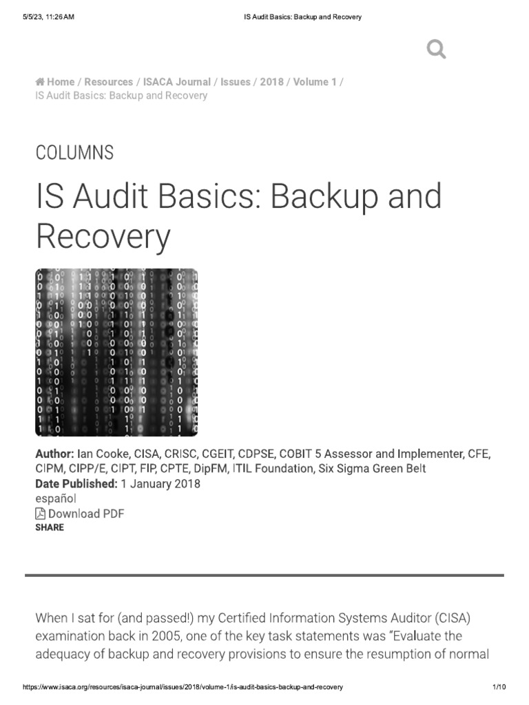 ISACA - IS Audit Basics - Backup and Recovery | PDF