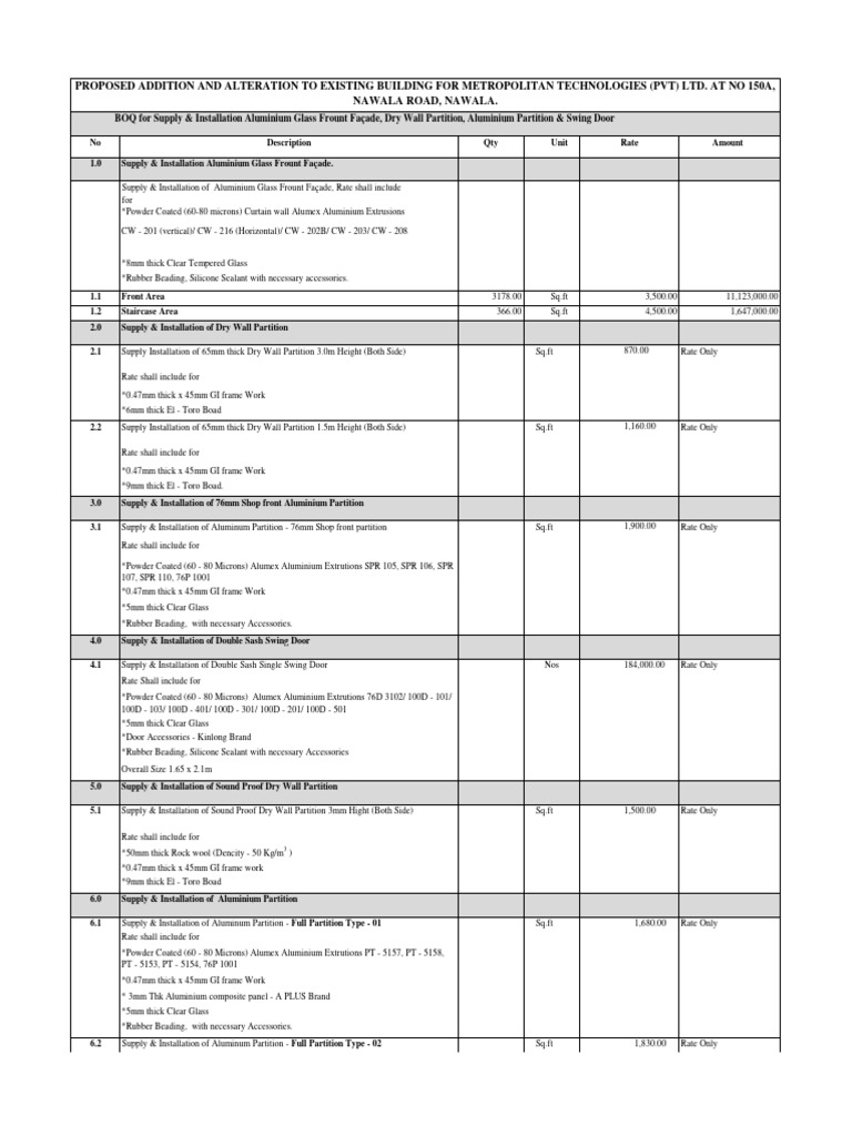 Aluminum BOQ | PDF | Wall | Architectural Design