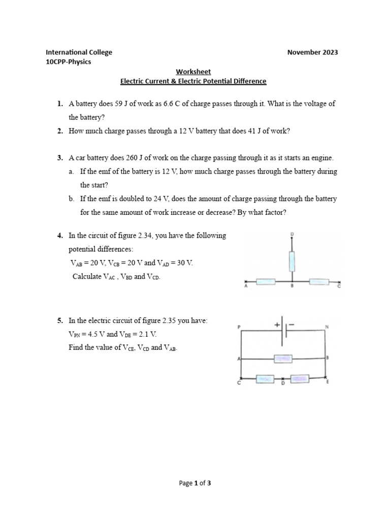 2 - 10CPP-Worksheet - Ch3 Electric Current & Voltage | PDF | Voltage ...