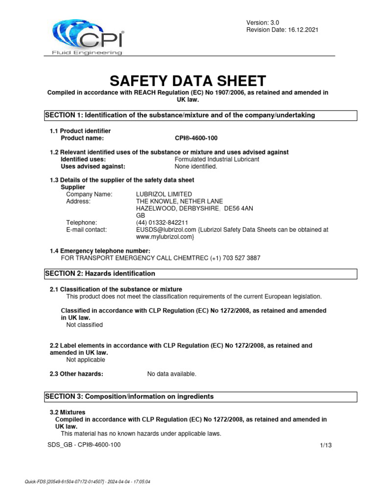 CPI®-4600-100 COMPRESSOR OIL | PDF | Personal Protective Equipment ...