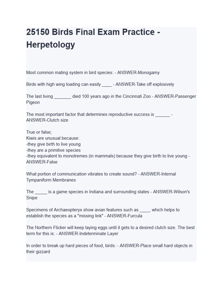 Birds Final Exam Practice - Herpetology | PDF | Birds | Feather