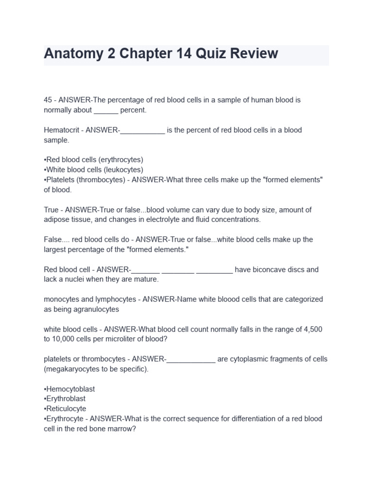 Anatomy 2 Chapter 14 Quiz Review | PDF | White Blood Cell | Blood