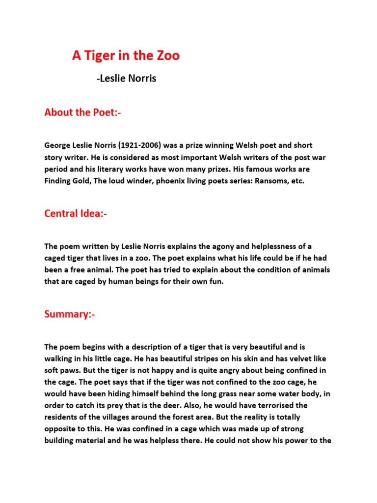 A Tiger in The Zoo | PDF | Tiger | Poetry