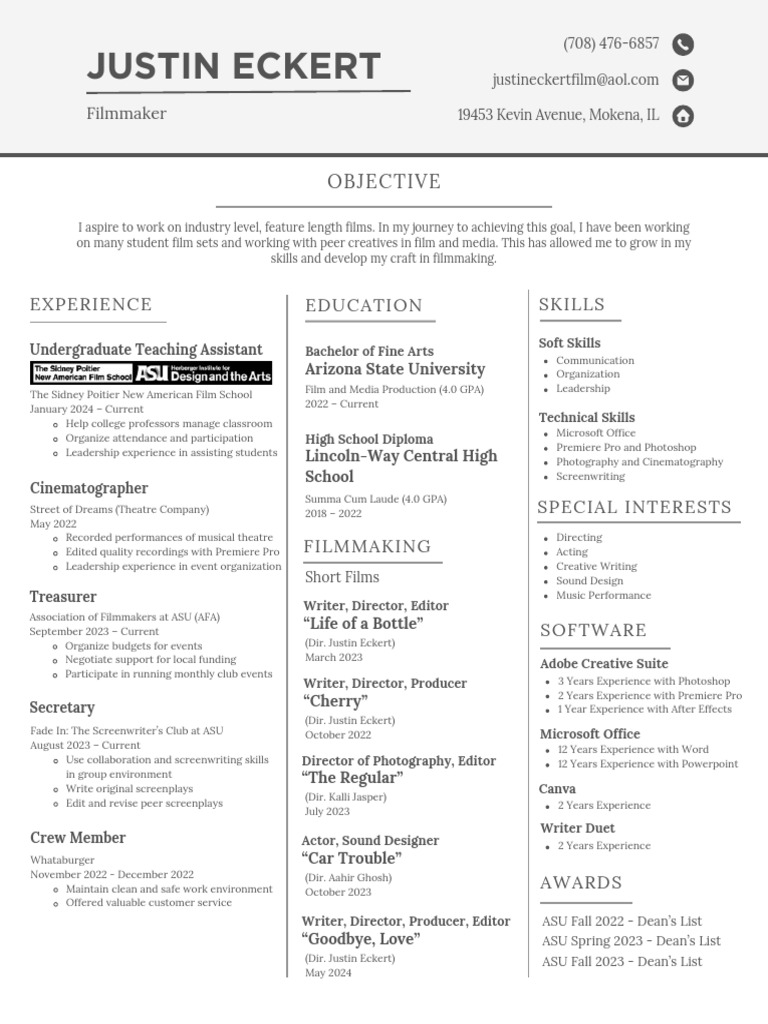 Justin Eckert Resume 4-26-24 | PDF | Film Director | Arizona State University
