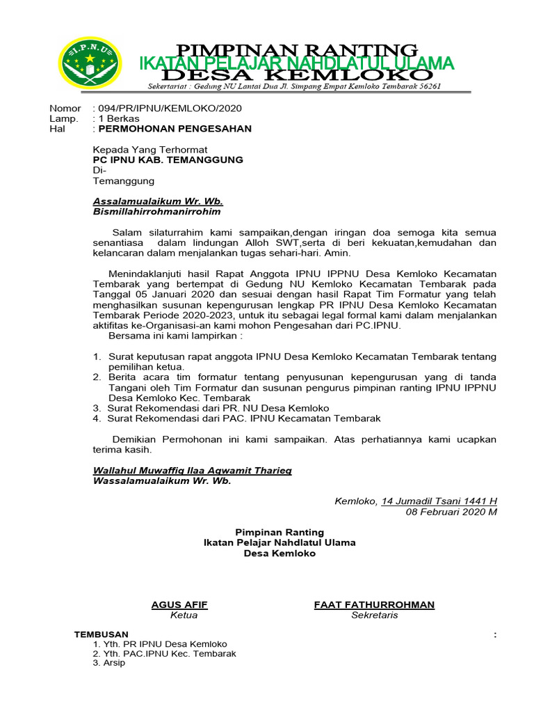 Surat Pengajuan SP Ipnu Kemloko 2018 | PDF