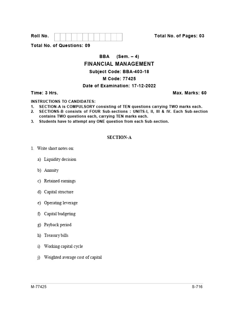 Bba 4 Sem Financial Management 77425 Dec 2022 | PDF | Capital Budgeting ...