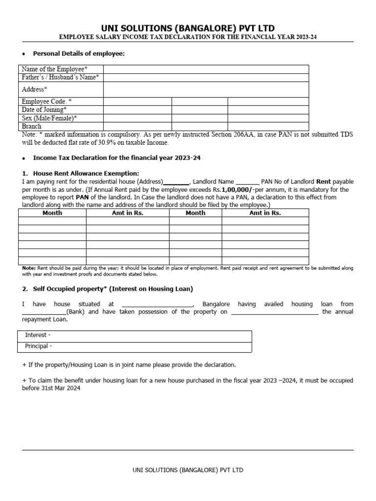 IT Declaration Form April 2023 To March 2024. | PDF | Income Tax | Alternative Minimum Tax